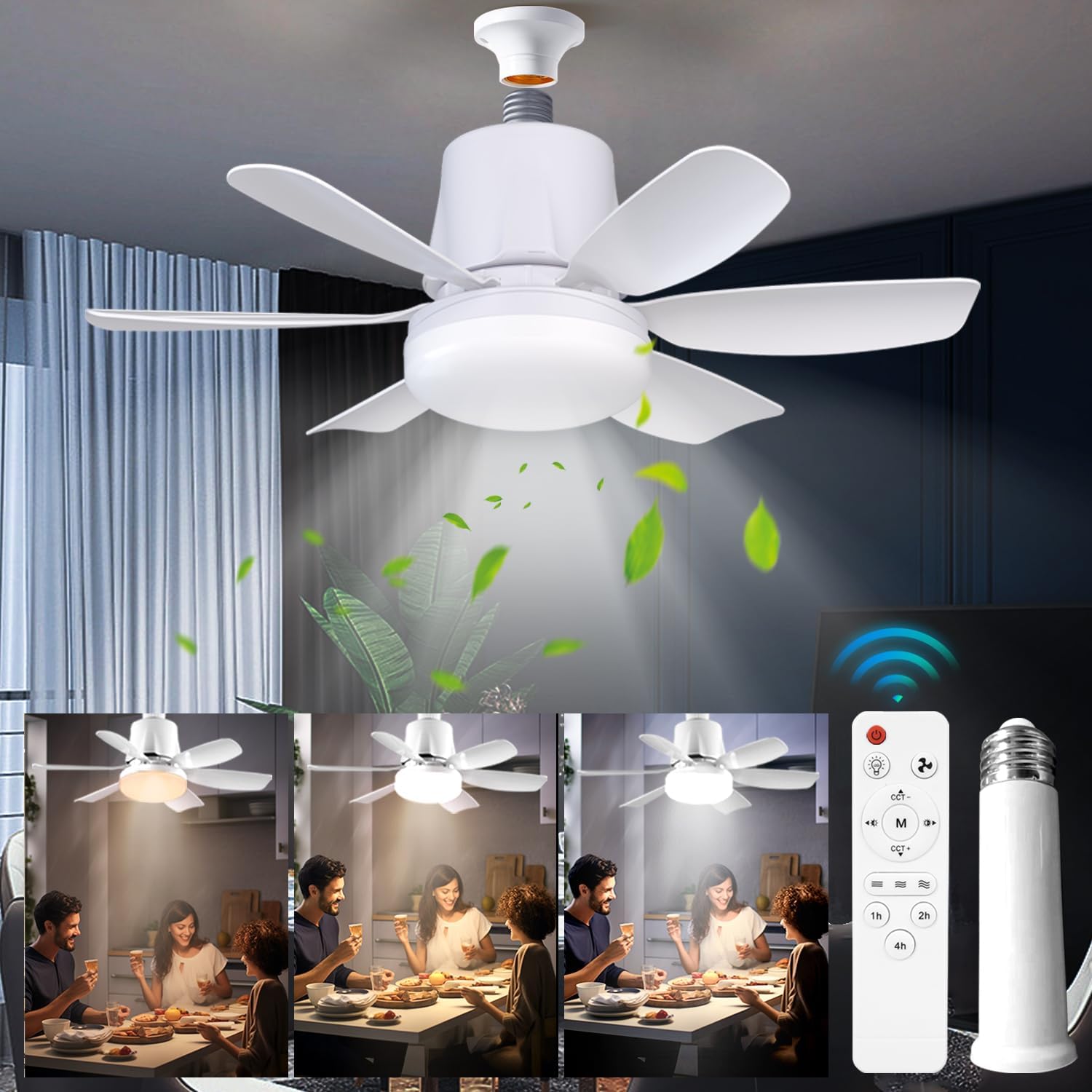 Socket Fan Light Ceiling Fans with Lights and Remote, Dimmable Led ...